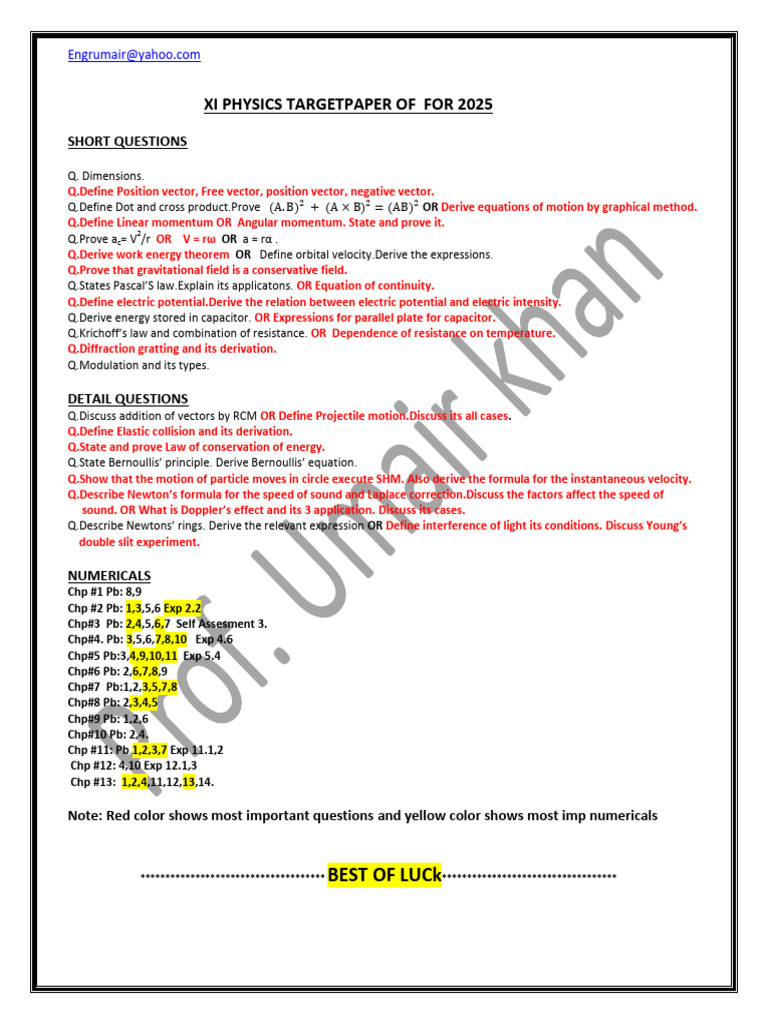 XI PHY Target Paper 2025 | PDF