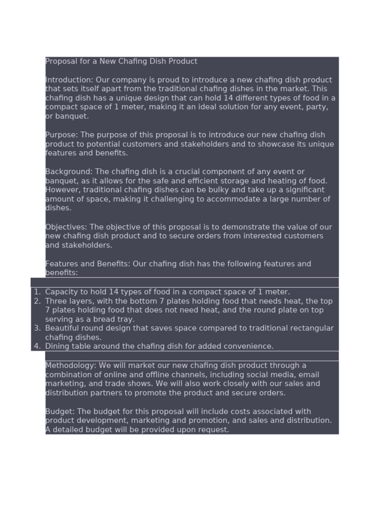 Proposal For A New Chafing Dish Product | PDF | Marketing | Business