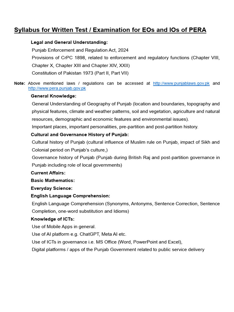 PERA Examination Syllabus Overview | PDF