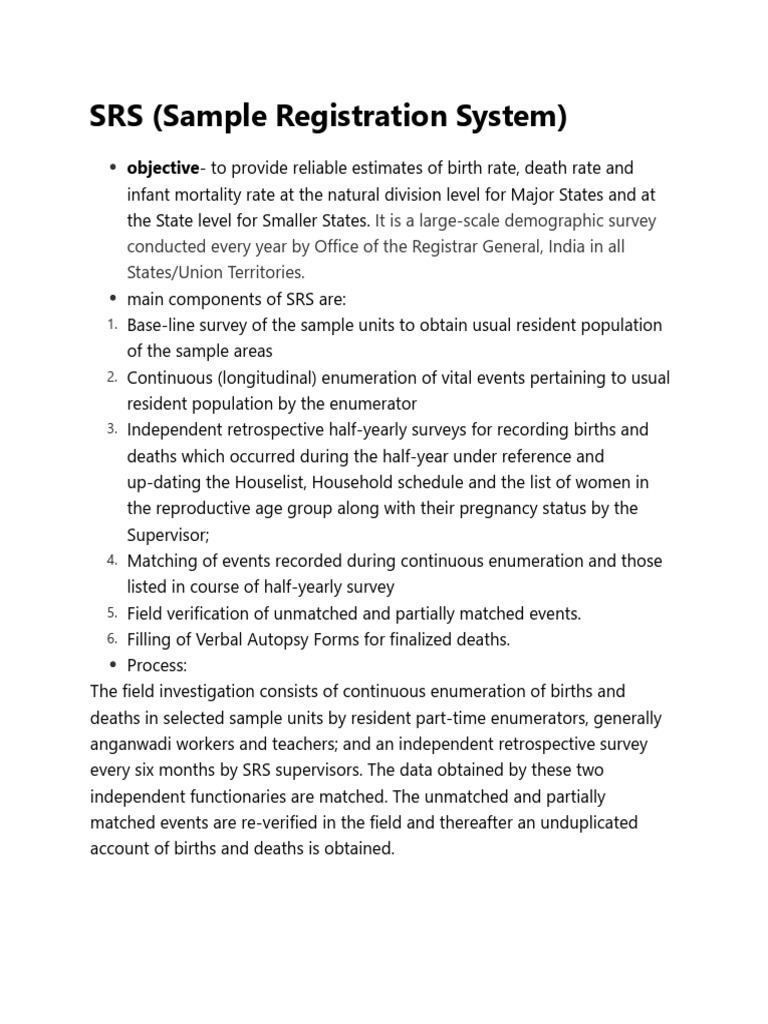 12.SRS (Sample Registration System) | PDF | Sampling (Statistics) | Infant Mortality