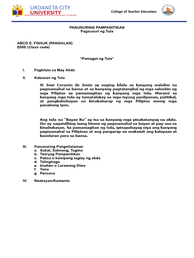 Pagsusuri NG Tula - FORMAT | PDF