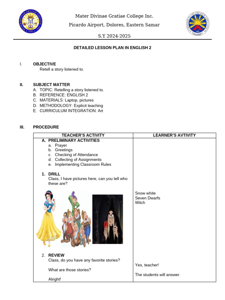 English 2 Lesson Plan: Story Retelling | PDF | Lesson Plan | Human ...