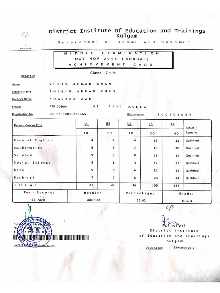 7th Class Marks Card | PDF