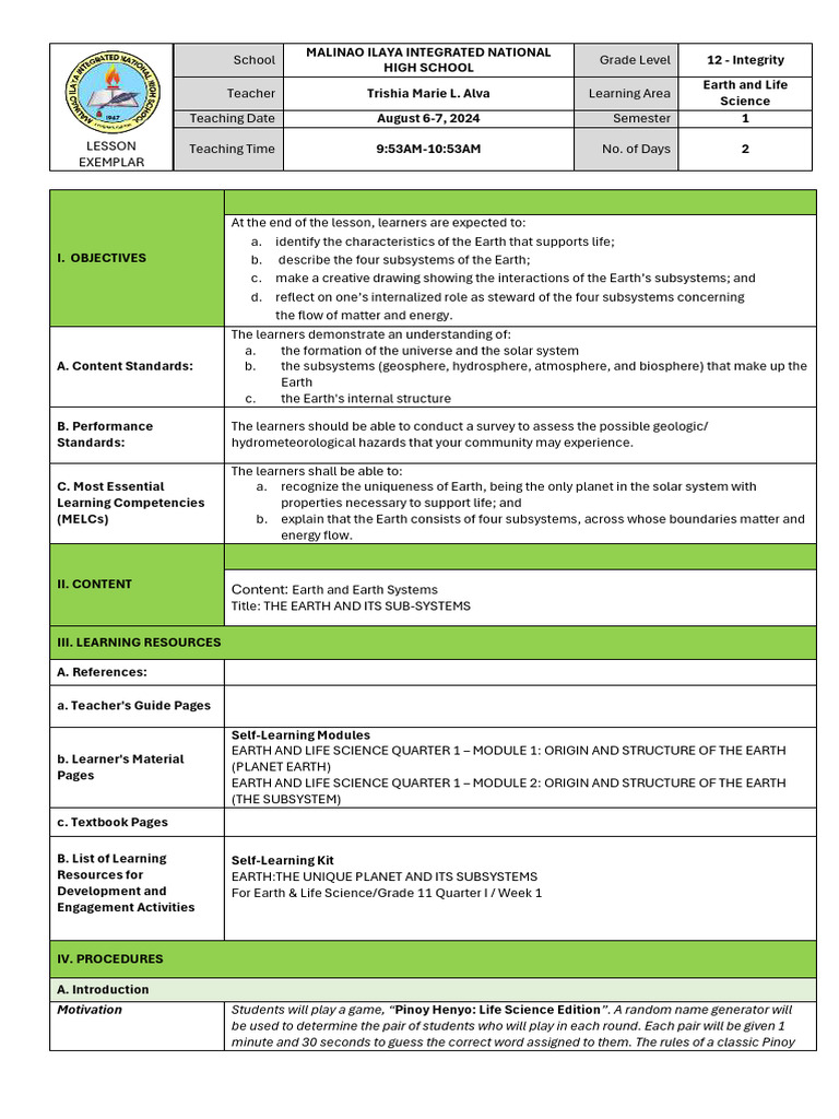 Q1 - Earth The Unique Planet and Its Subsystems | PDF | Earth | Earth ...