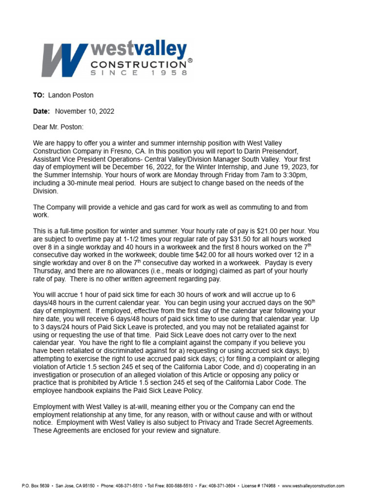 Winter Internship Offer Letter | PDF | Workweek And Weekend | Employment