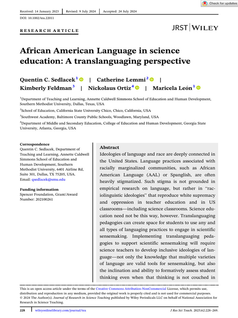 J Res Sci Teach - 2025 - Sedlacek - African American Language in ...