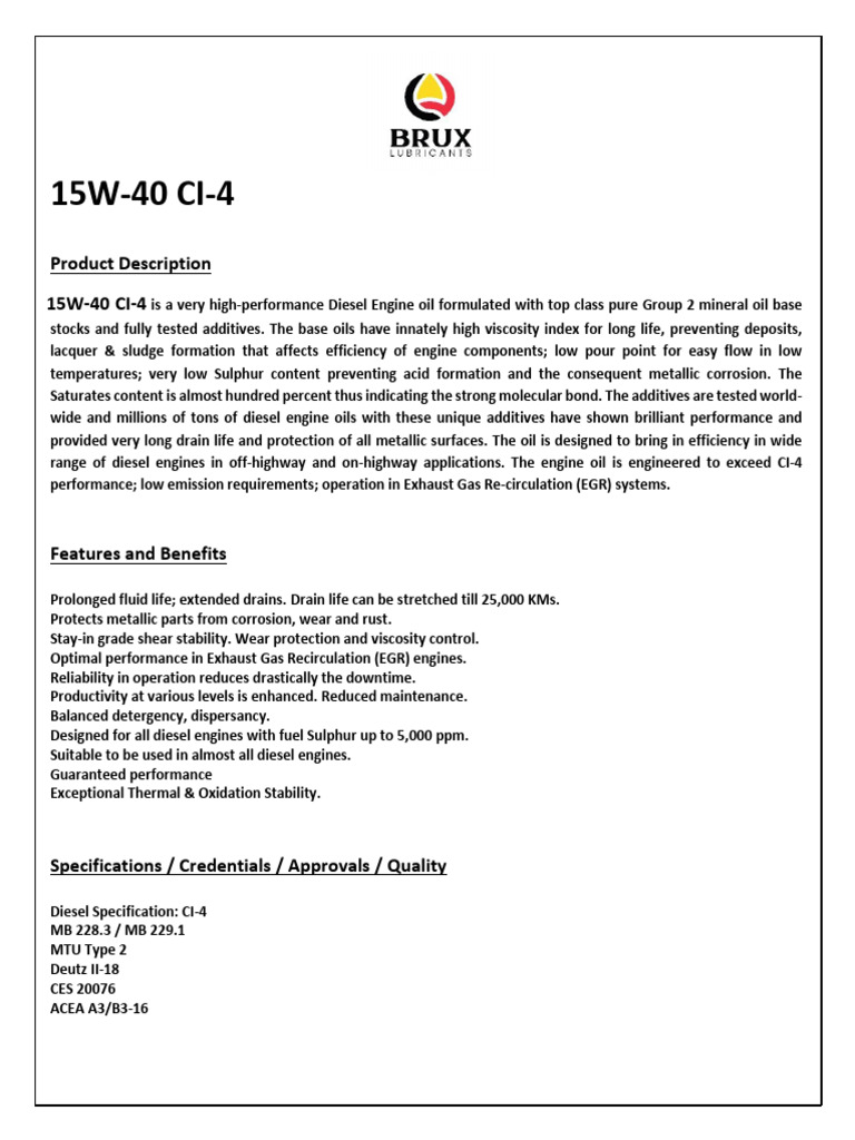 Data Sheet D 15W-40 CI-4 | PDF | Motor Oil | Diesel Fuel