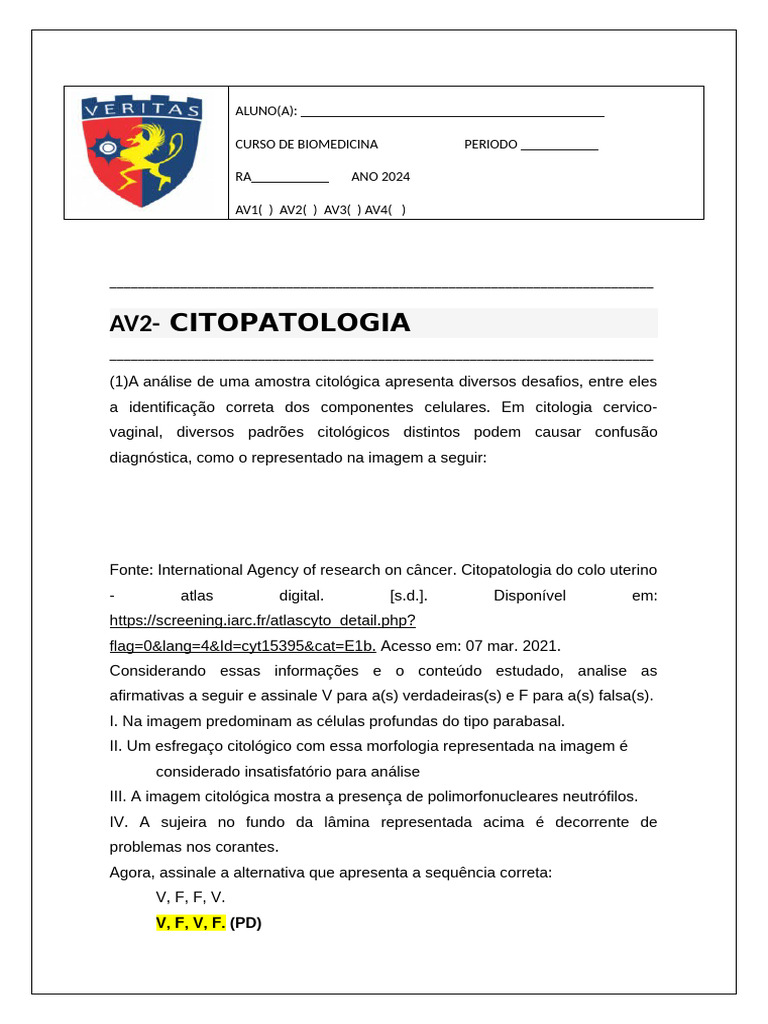 AV3 CITOPATOLOGIA | PDF | Biologia Celular | Especialidades médicas