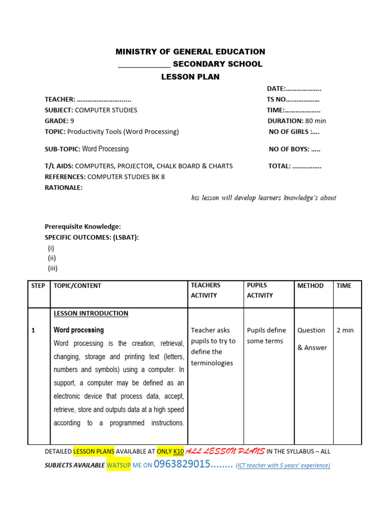 Lesson Plans Computer g9 - Samples-1 | PDF | Spreadsheet | Microsoft Excel
