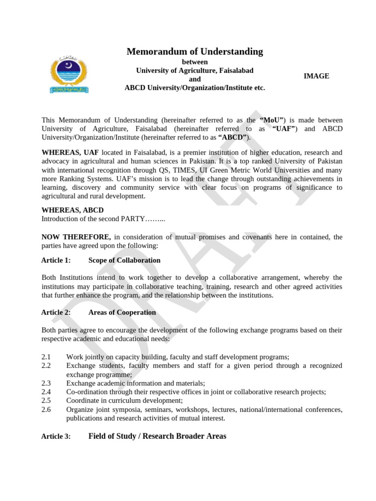 (01)- Draft Sample Copy of MoU-LoI-UAF-For National | PDF | Memorandum ...