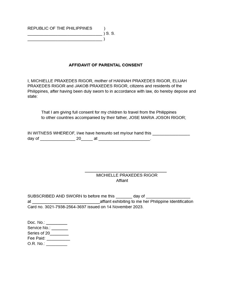 Affidavit of Parental Consent for Travel | PDF