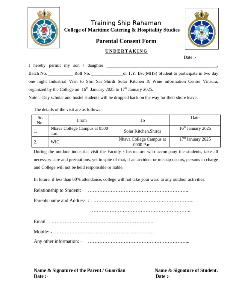 Industrial Visit - 2025 Parental Consent Form | PDF
