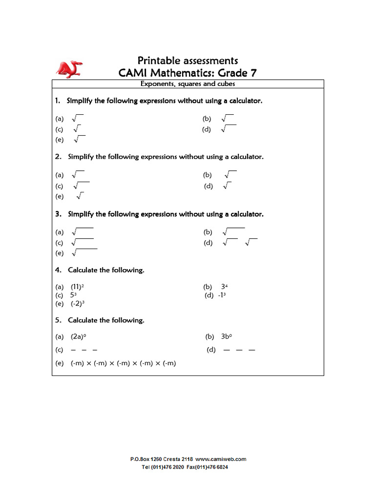 Grade 7 - Exponent, Squares and Cubes | PDF | Algebra | Mathematical ...