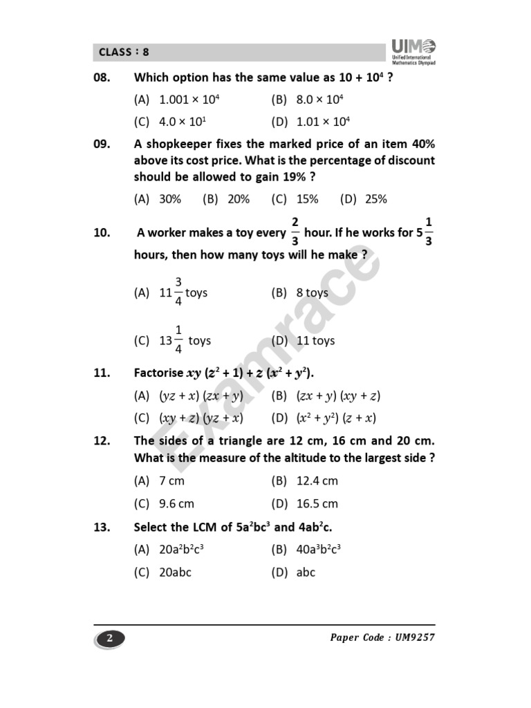 Class 8 Math Exam Questions | PDF