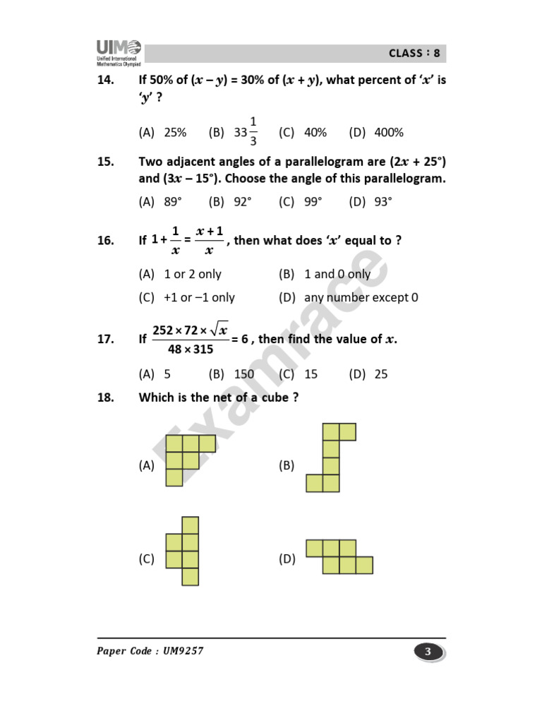 UIMO Class 8 Paper 2021 | PDF
