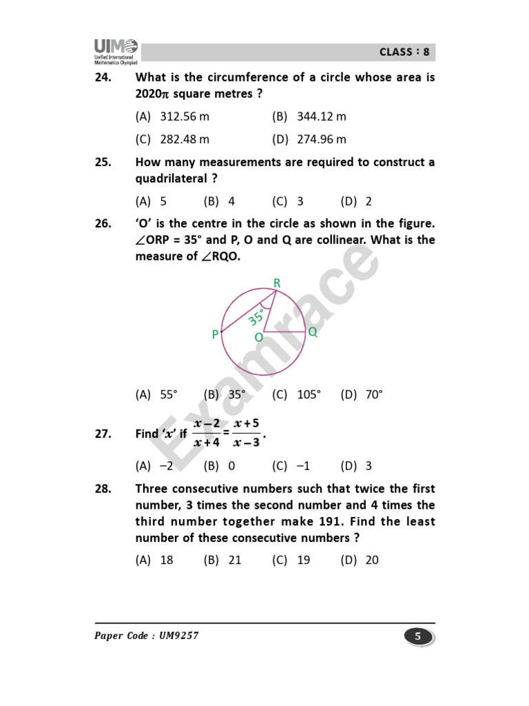 Class 8 Math Practice Quiz | PDF