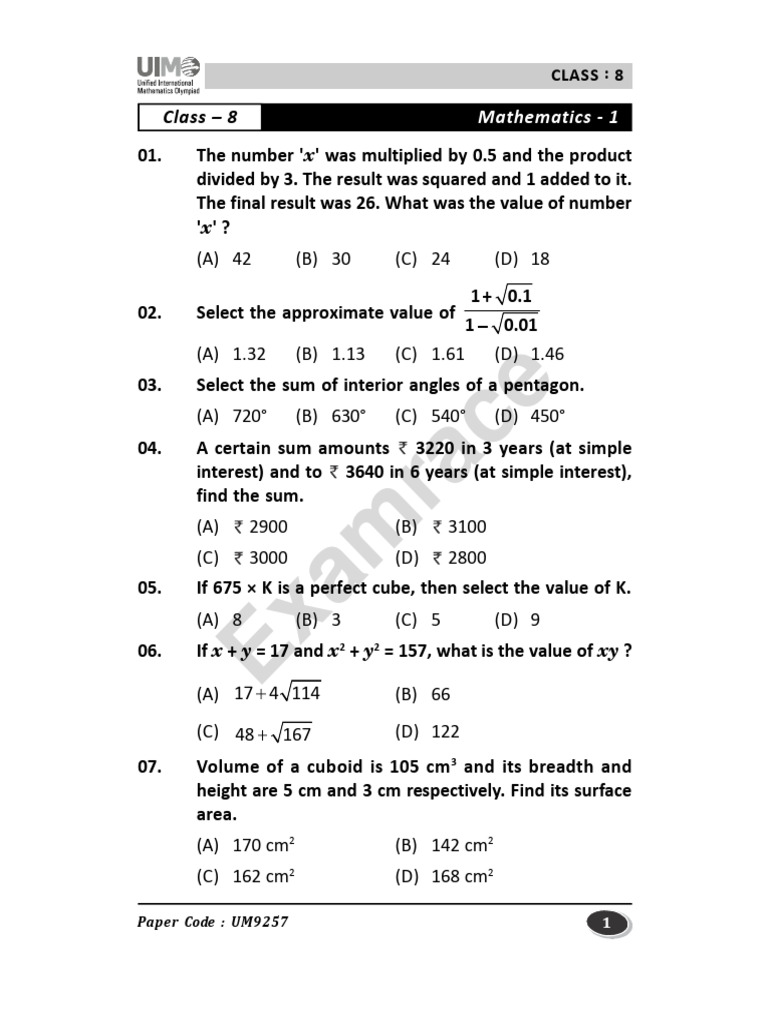 UIMO Class 8 Paper 2021 | PDF
