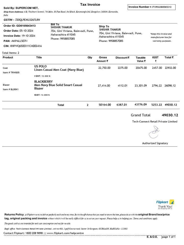Tax Invoice for Shishir Thakur | PDF | Government Finances | Taxes