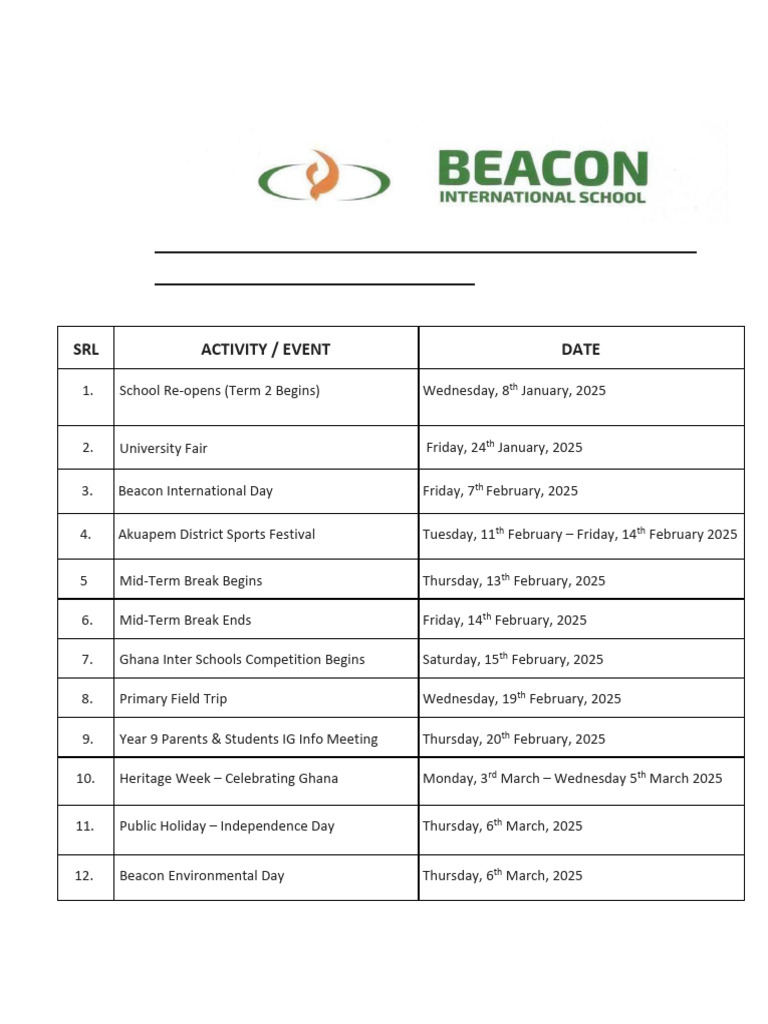 2024/2025 Term 2 School Events | PDF