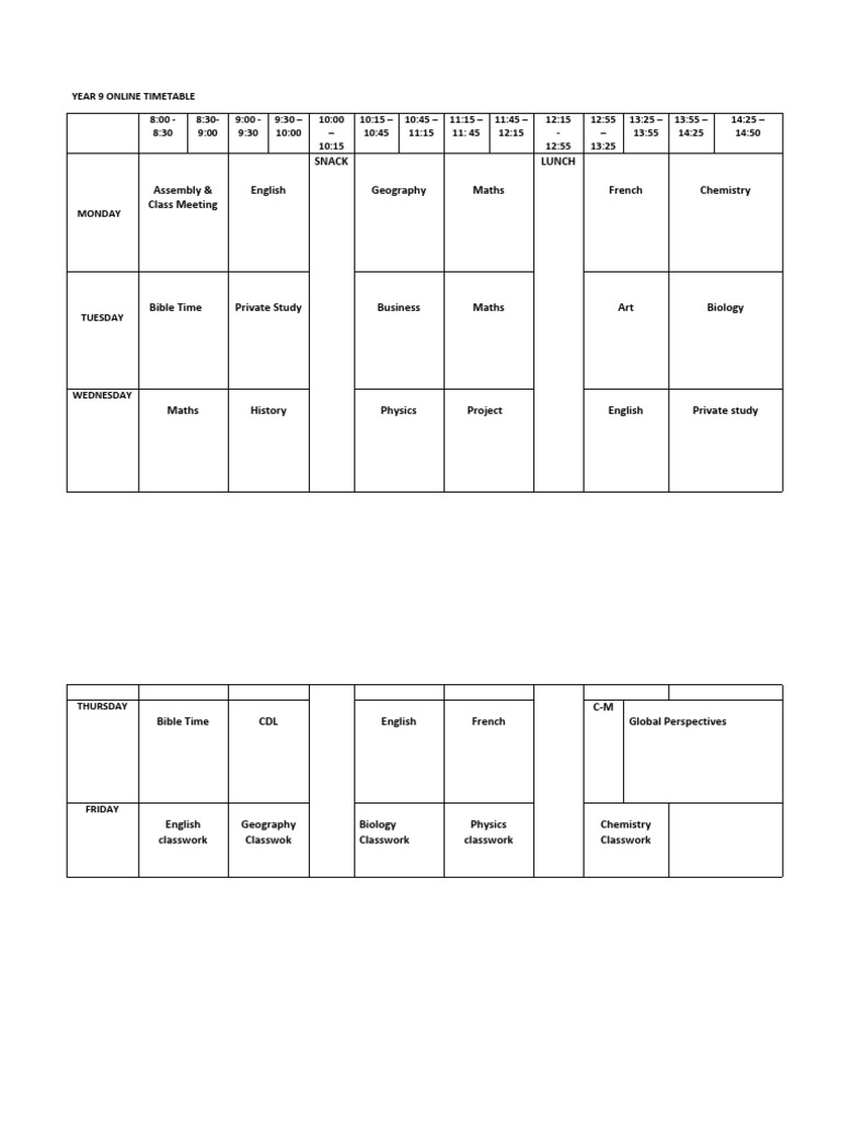 Grade 9 Timetable 2025 Overview | PDF