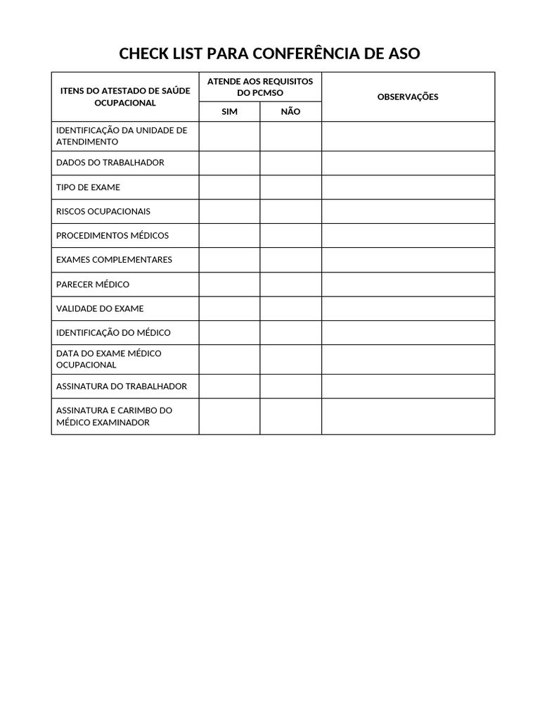 Checklist de ASO para PCMSO | PDF