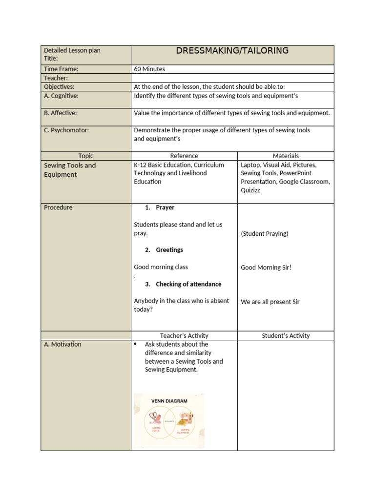 DLP DepEd Format | PDF | Sewing | Seam (Sewing)
