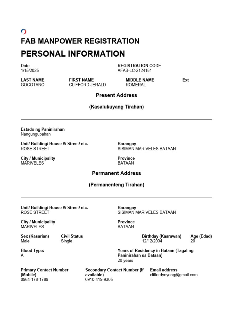 LC.01 Manpower Registration Form - AFAB-LC-2124181 | PDF