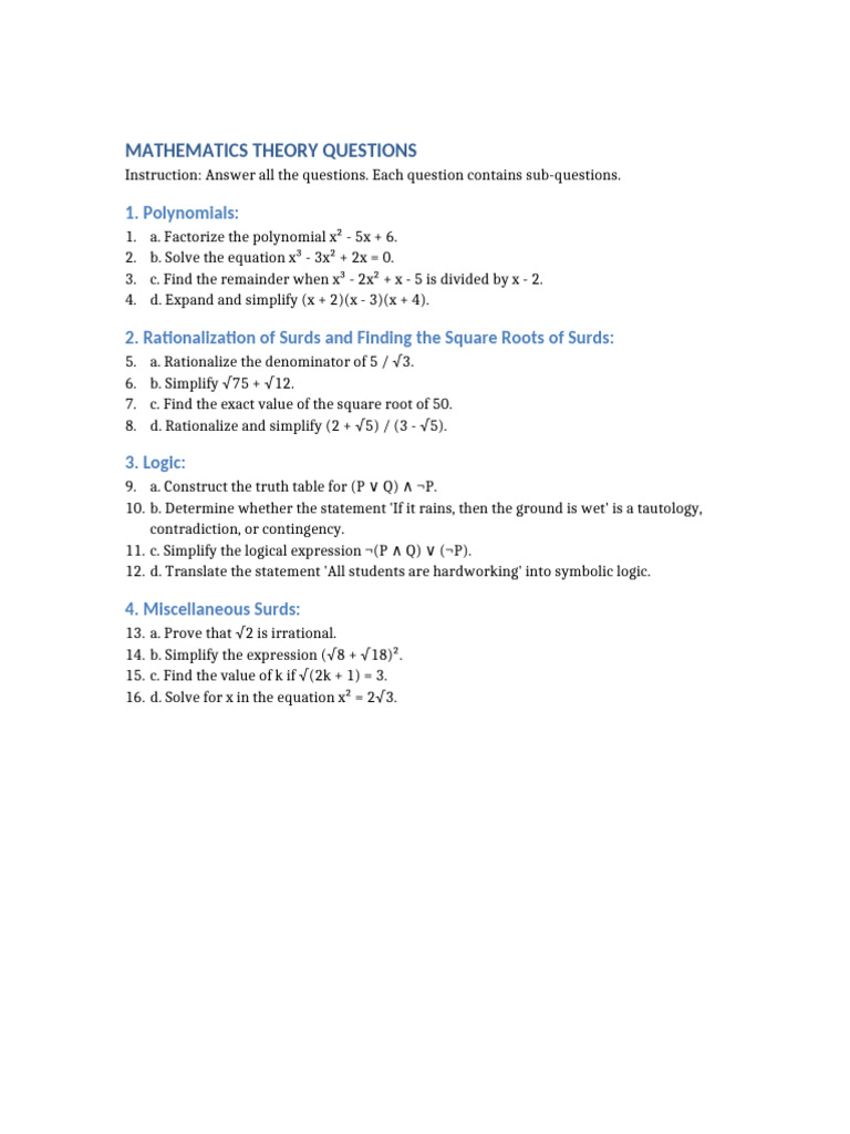 Theory_Questions_Polynomials_Surds_Logic | PDF