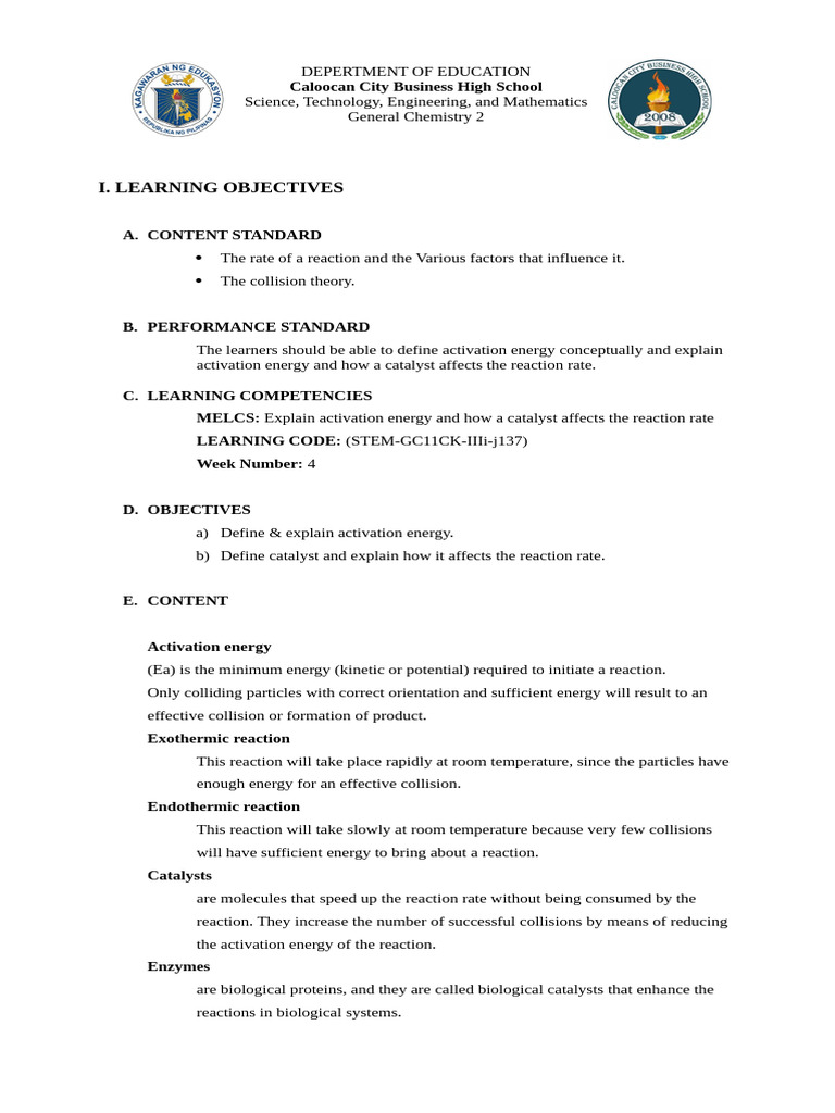 GENERAL CHEMISTRY 2 REPORy | PDF | Activation Energy | Reaction Rate