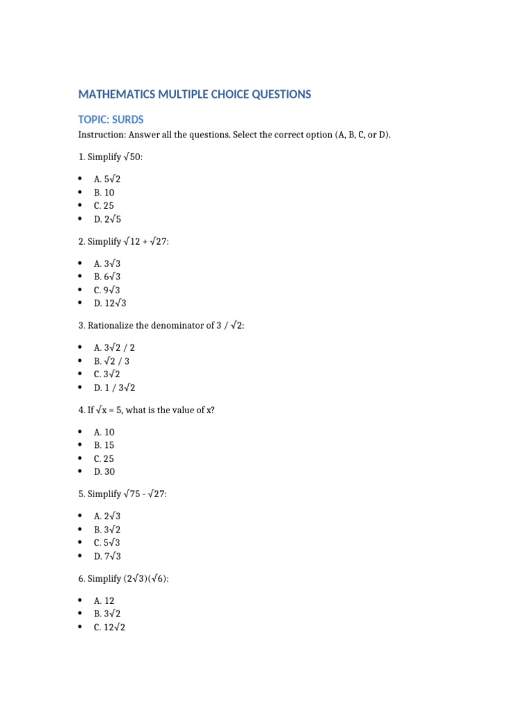 Surds Multiple Choice Questions | PDF