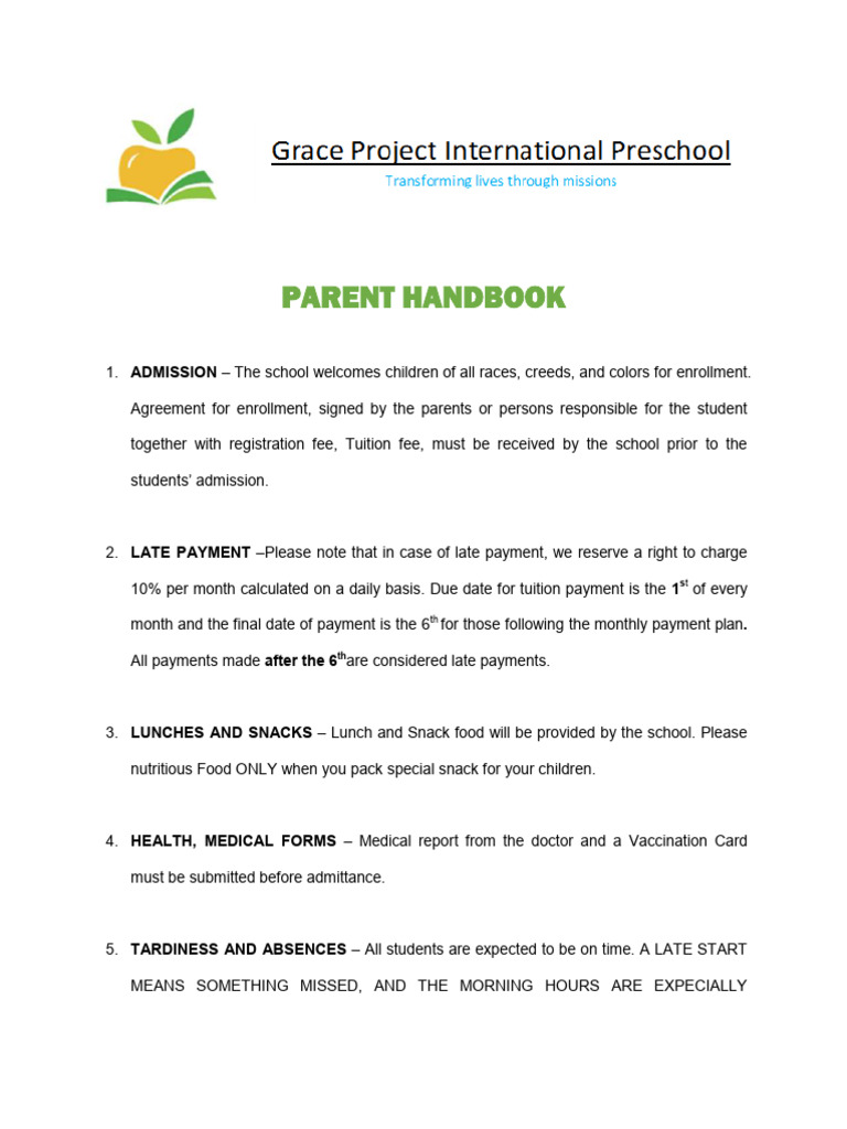 Grace Project Intl Preschool PARENT HANDBOOK | PDF | Disciplines | Teachers