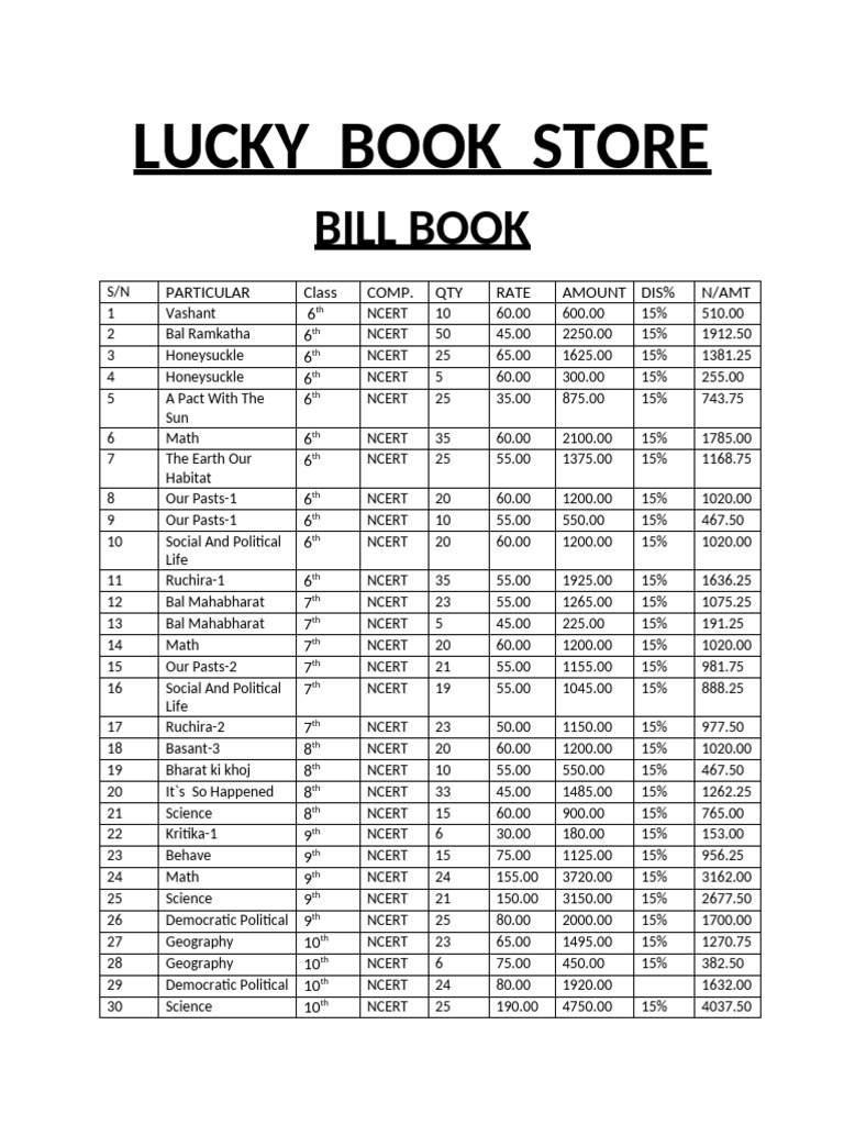 Lucky Book Store Bill Book | PDF