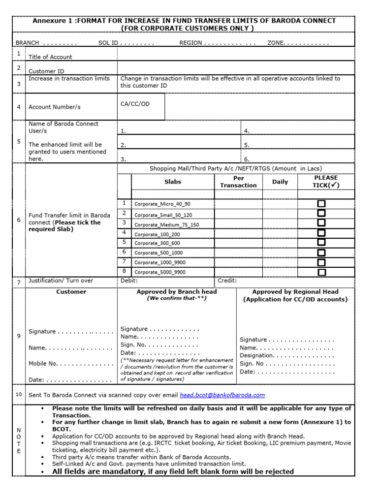 Feba Limit - Form - Corporate Bob Limit Enhance Form | PDF | Banking ...