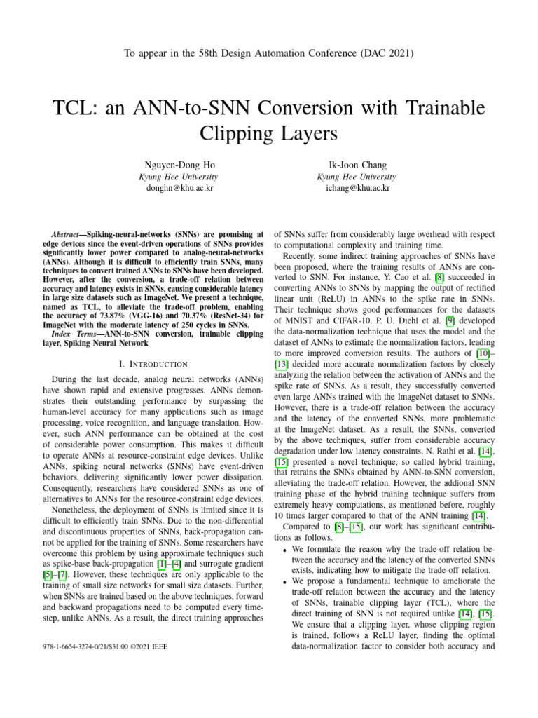 Ho and Chang - 2021 - TCL an ANN-to-SNN conversion with trainable clipping layers | PDF ...