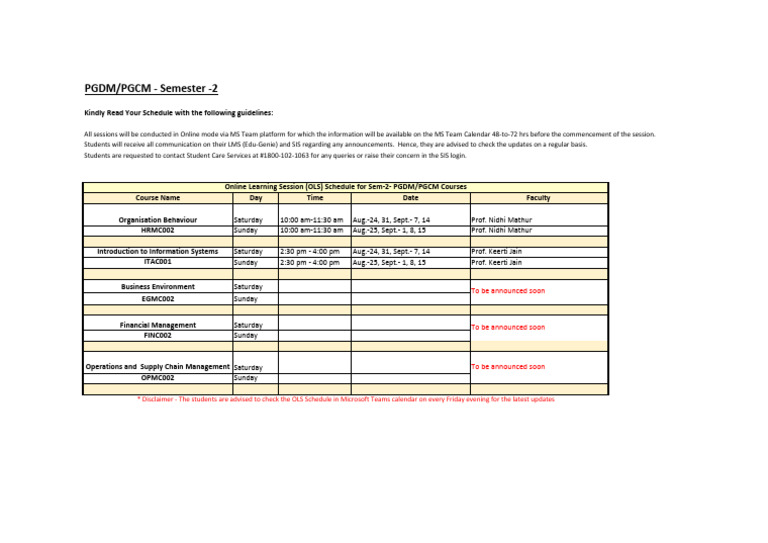 Schedule Semester July 2024 PGDM and PGCM | PDF