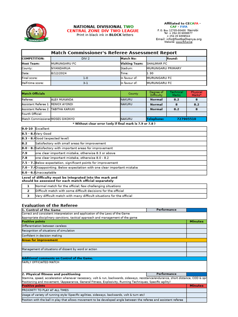 Referee Assessment Report for DIV 2 Match | PDF | Sports Rules And Regulations | Association ...