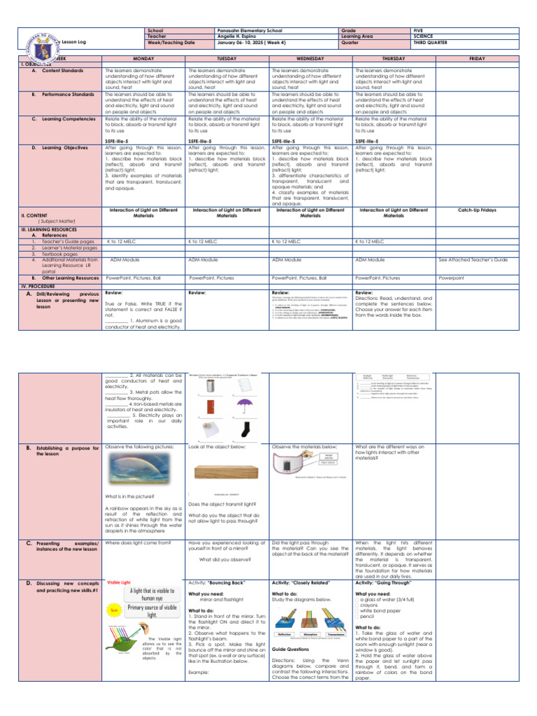 DLL Science 5 W3 Q3 | PDF | Light | Mirror