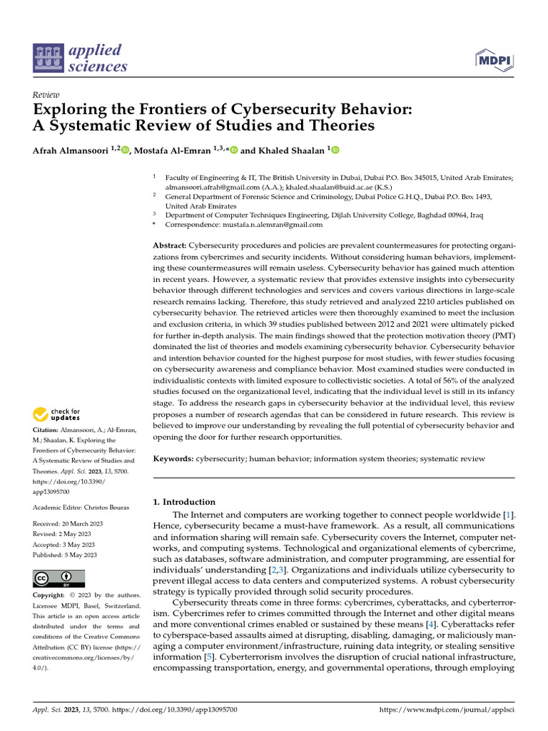 Exploring The Frontiers of Cybersecurity Behavior A Systematic Review ...
