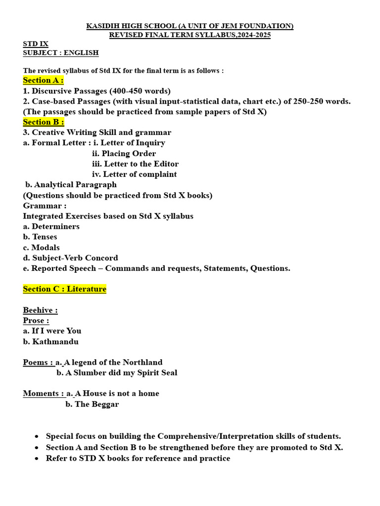 STD IX Revised Annual Exam Syllabus | PDF