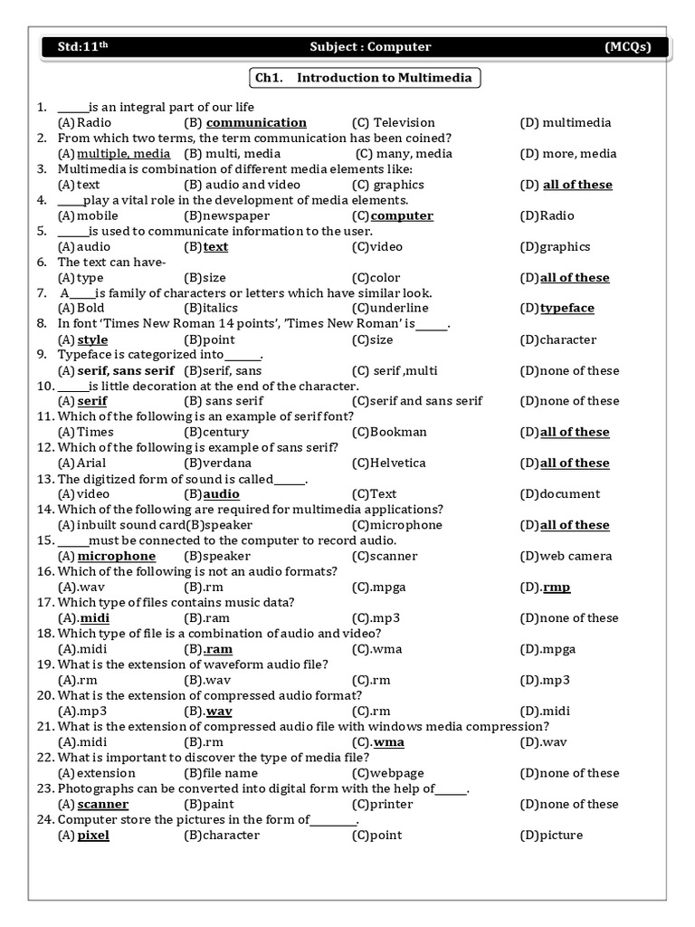 Class 11 Multimedia MCQs Guide | PDF | Command Line Interface ...