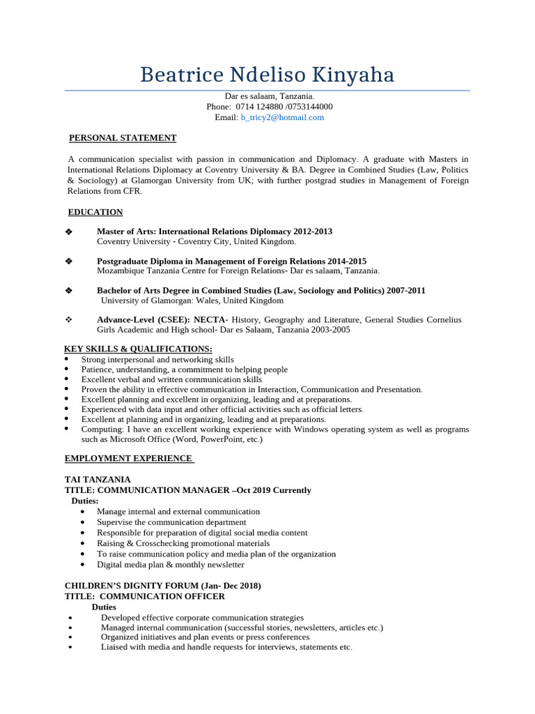 Beatrice Kinyaha -CV Edited | PDF | Tanzania | Communication