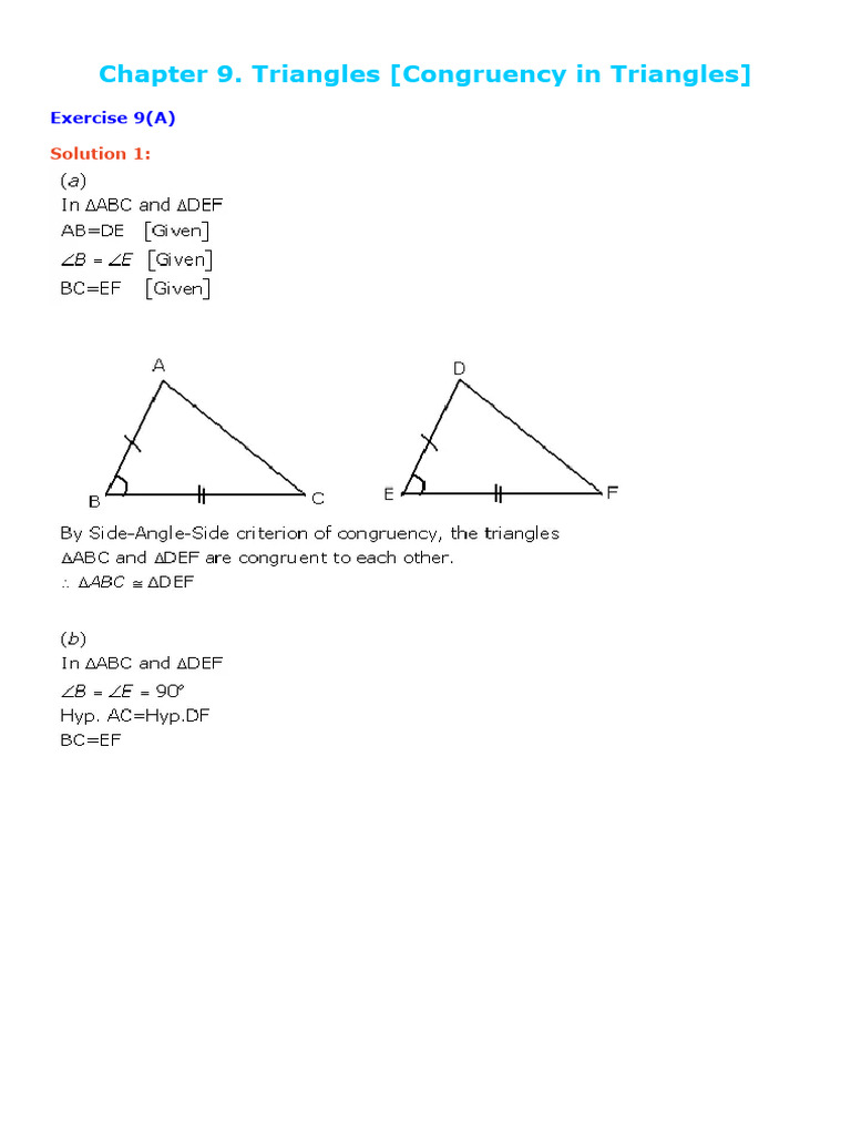 Selina Concise Maths Solutions Class 9 Chapter 9 Triangles | PDF