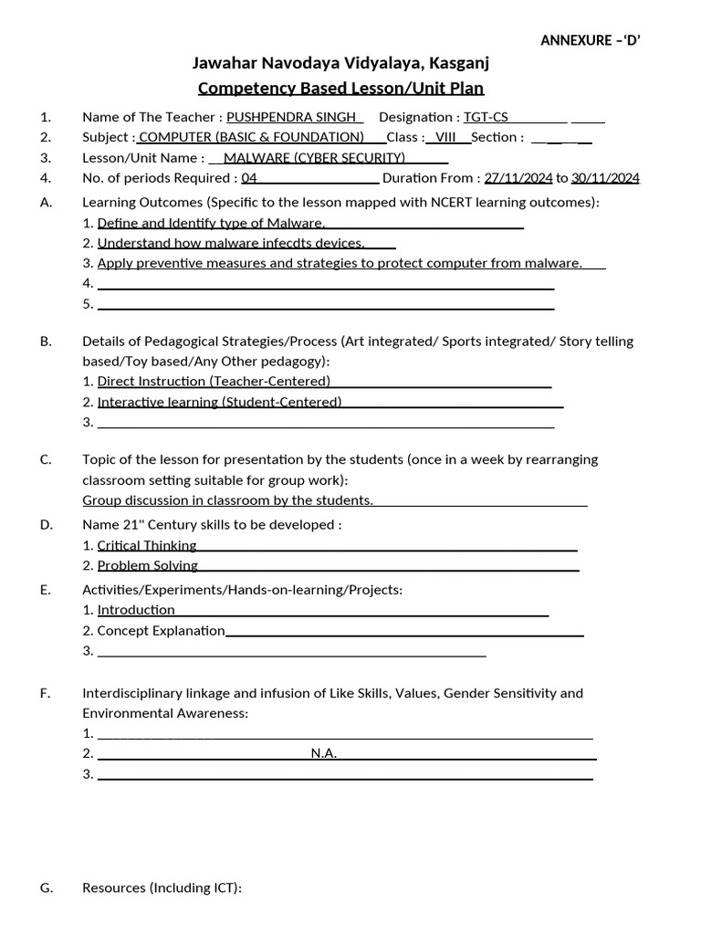 ANNEXURE D Competency Based Lesson Plan | PDF | Pedagogy | Teachers