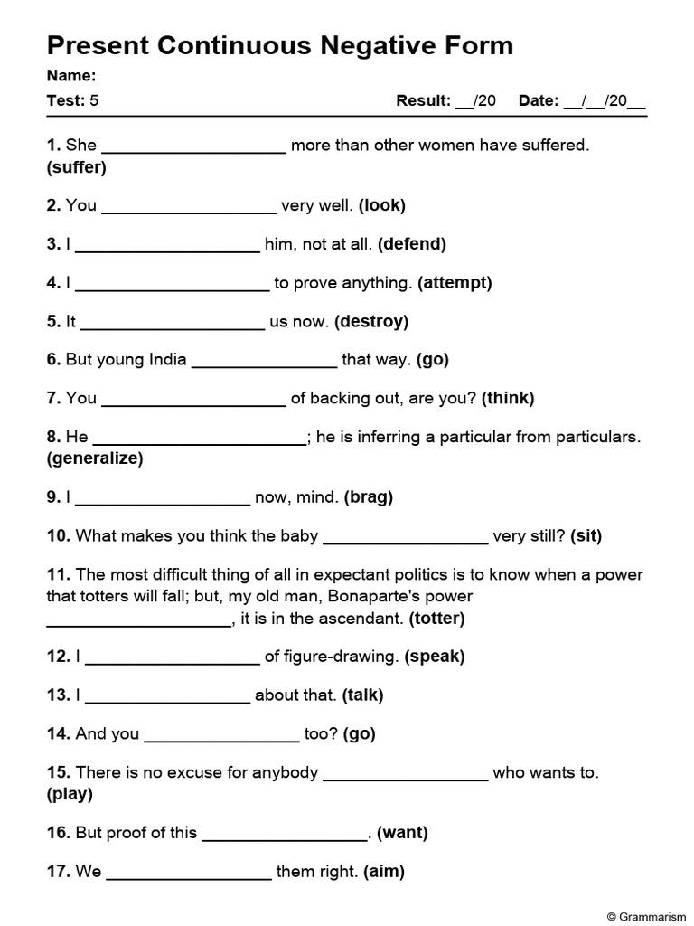 Present Continuous Negative Exercises | PDF