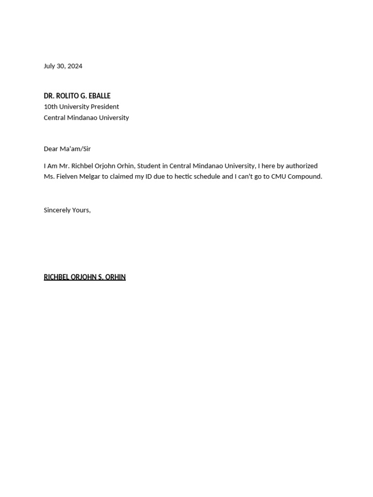 ID Authorization Letter for CMU Student | PDF