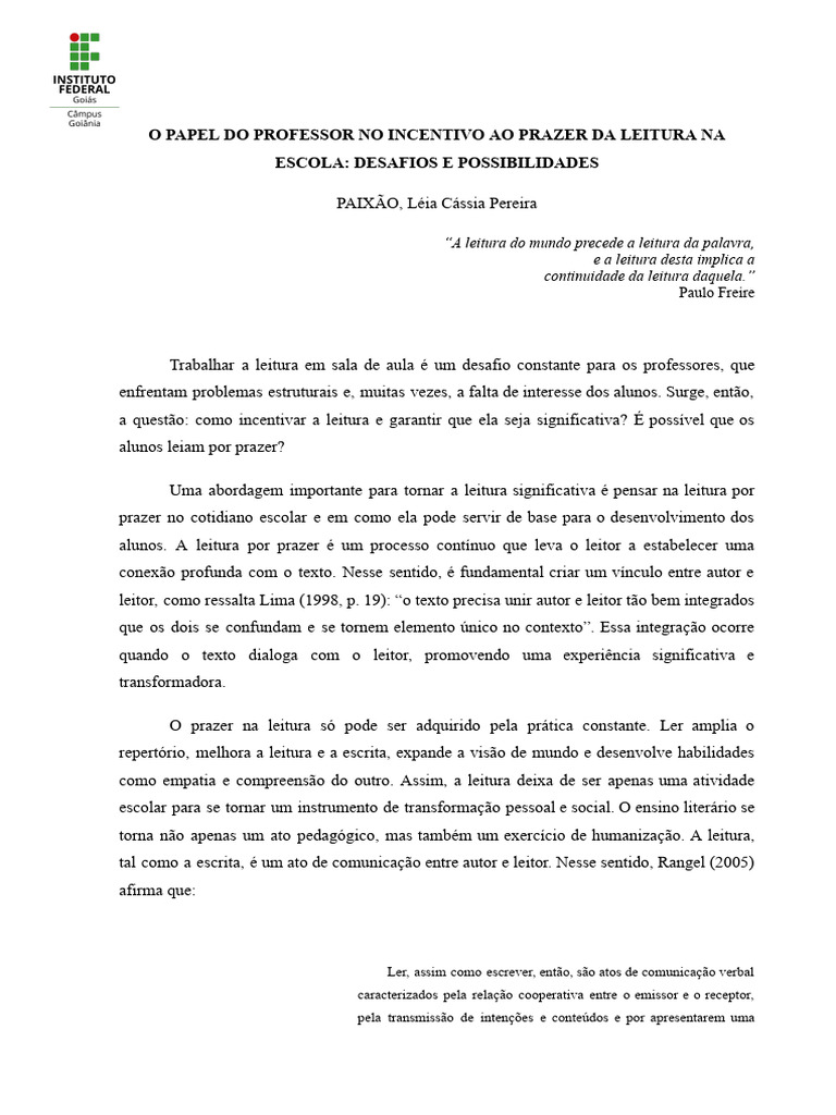 Incentivo à Leitura na Escola: Papel do Professor | PDF | Comunicação ...