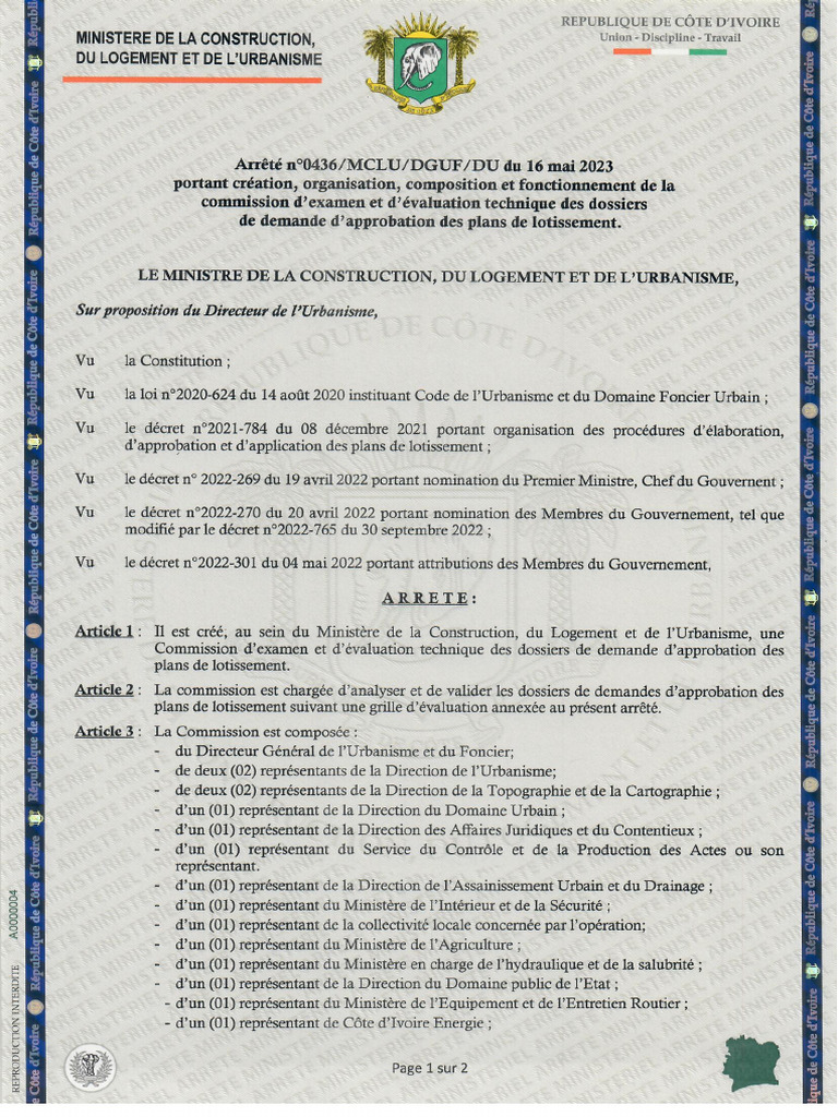 Arrêté n° 0436 du 16 mai 2023 création de la commission examen et évaluation ...plans de ...