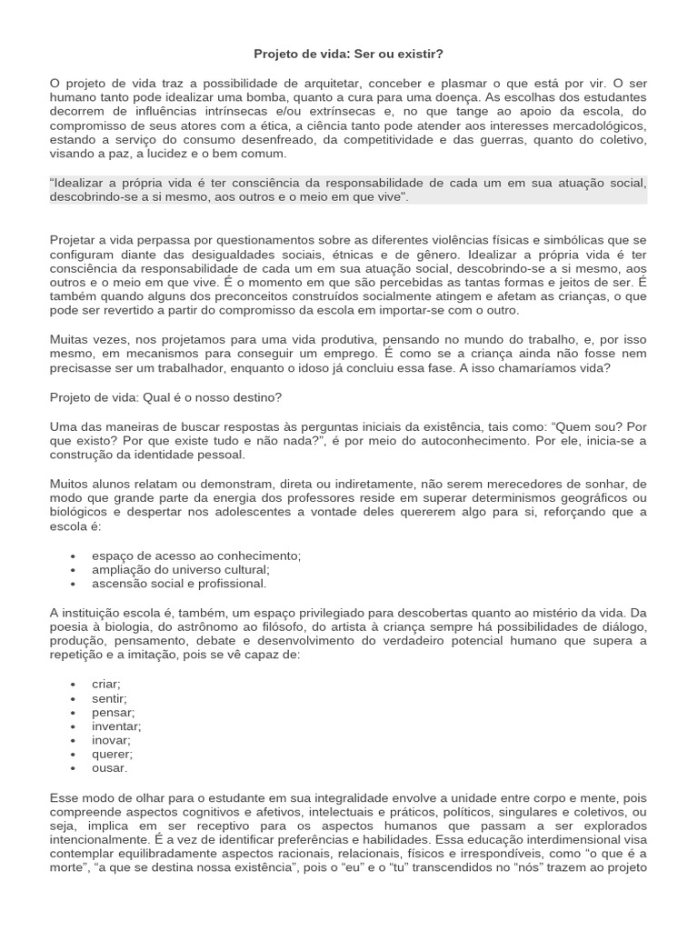 Projeto De Vida Pdf Pensamento Sociologia