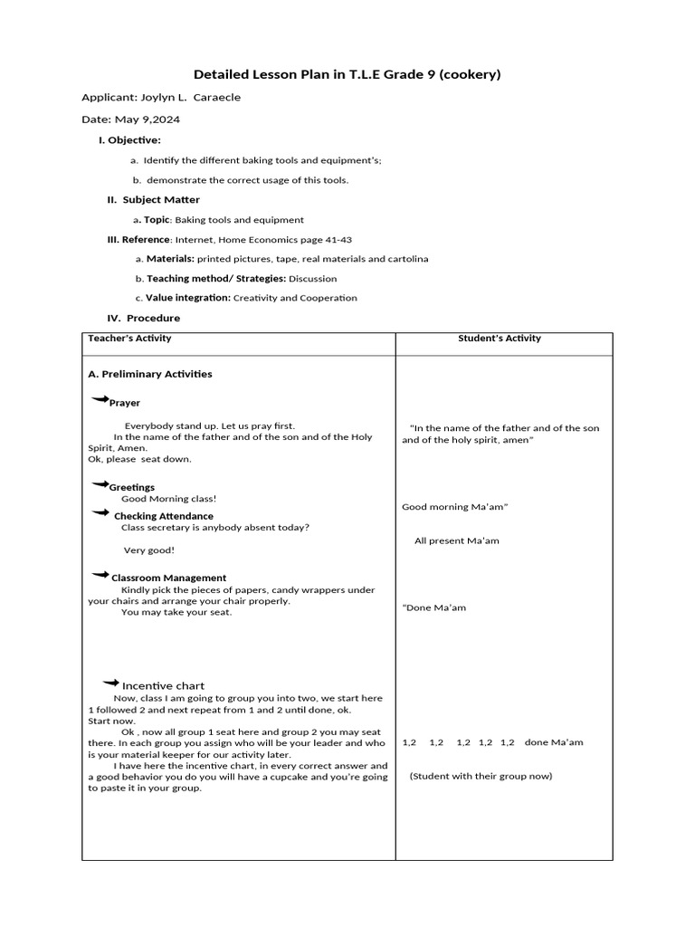 A Detailed Lesson Plan in TLE | PDF | Kitchen Utensil | Baking