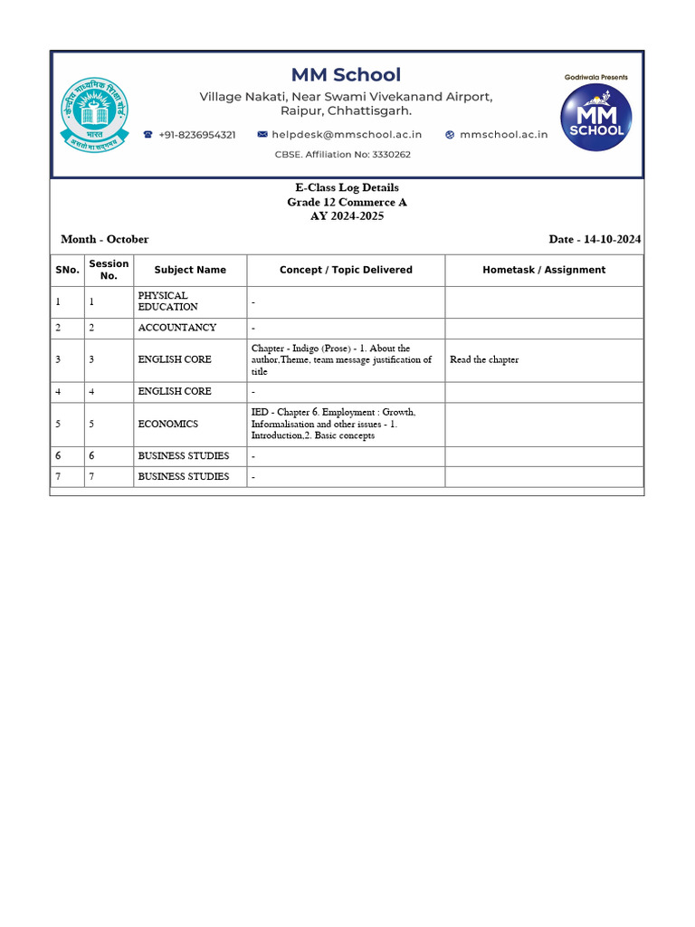 Grade 12 Commerce E-Class Log - Oct 2024 | PDF